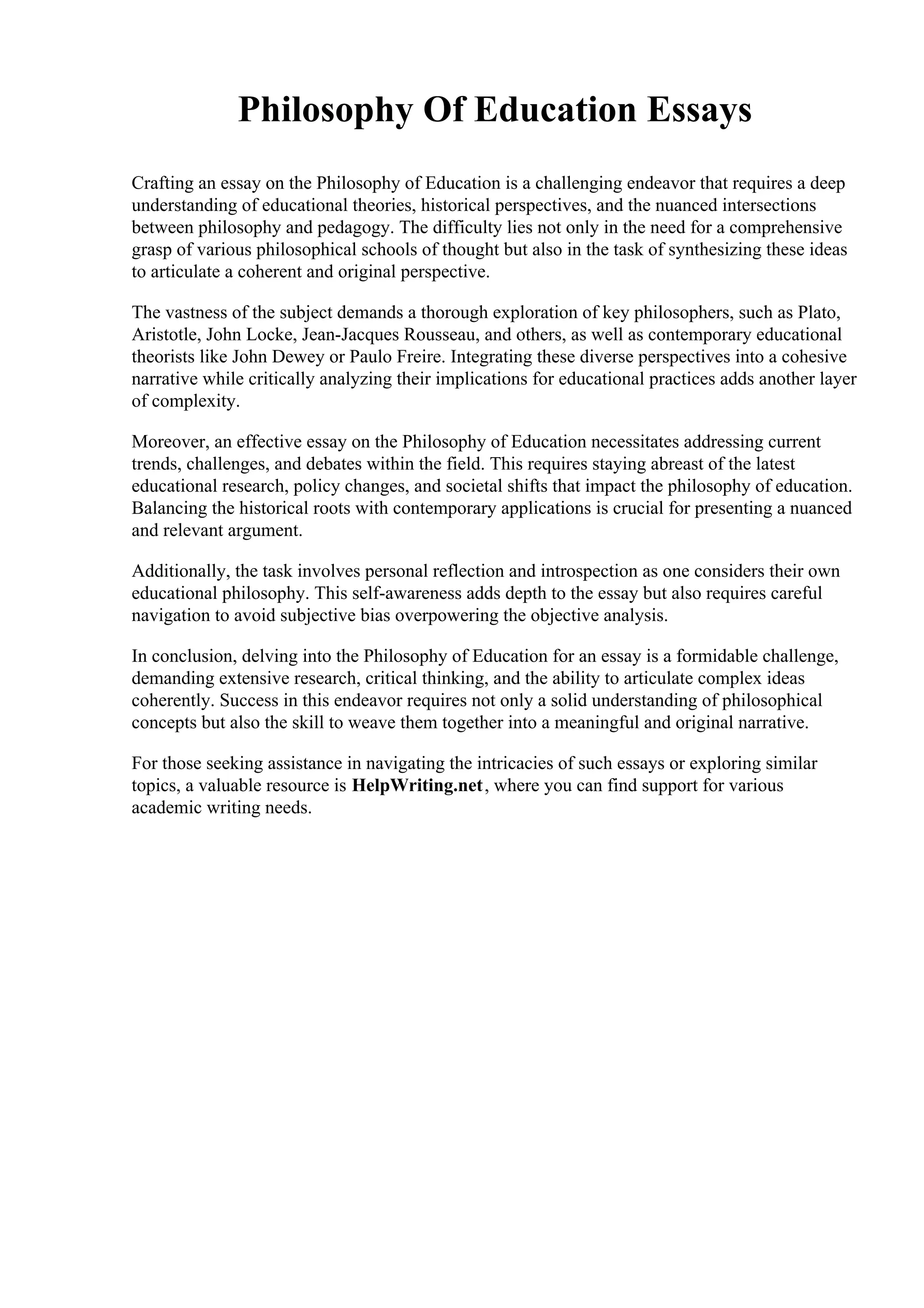 Philosophy Of Education Essays. Blake Austin College | PDF