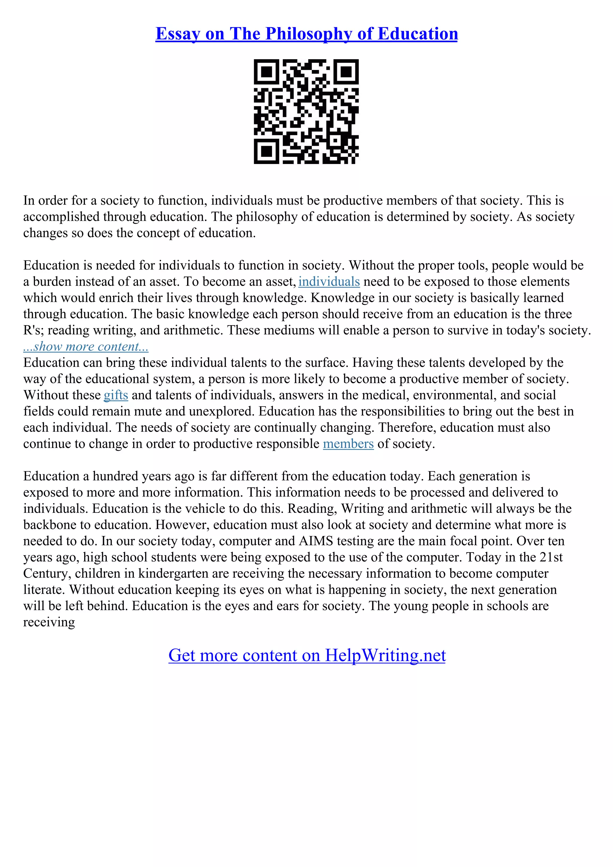 Philosophy On Education Essay | PDF