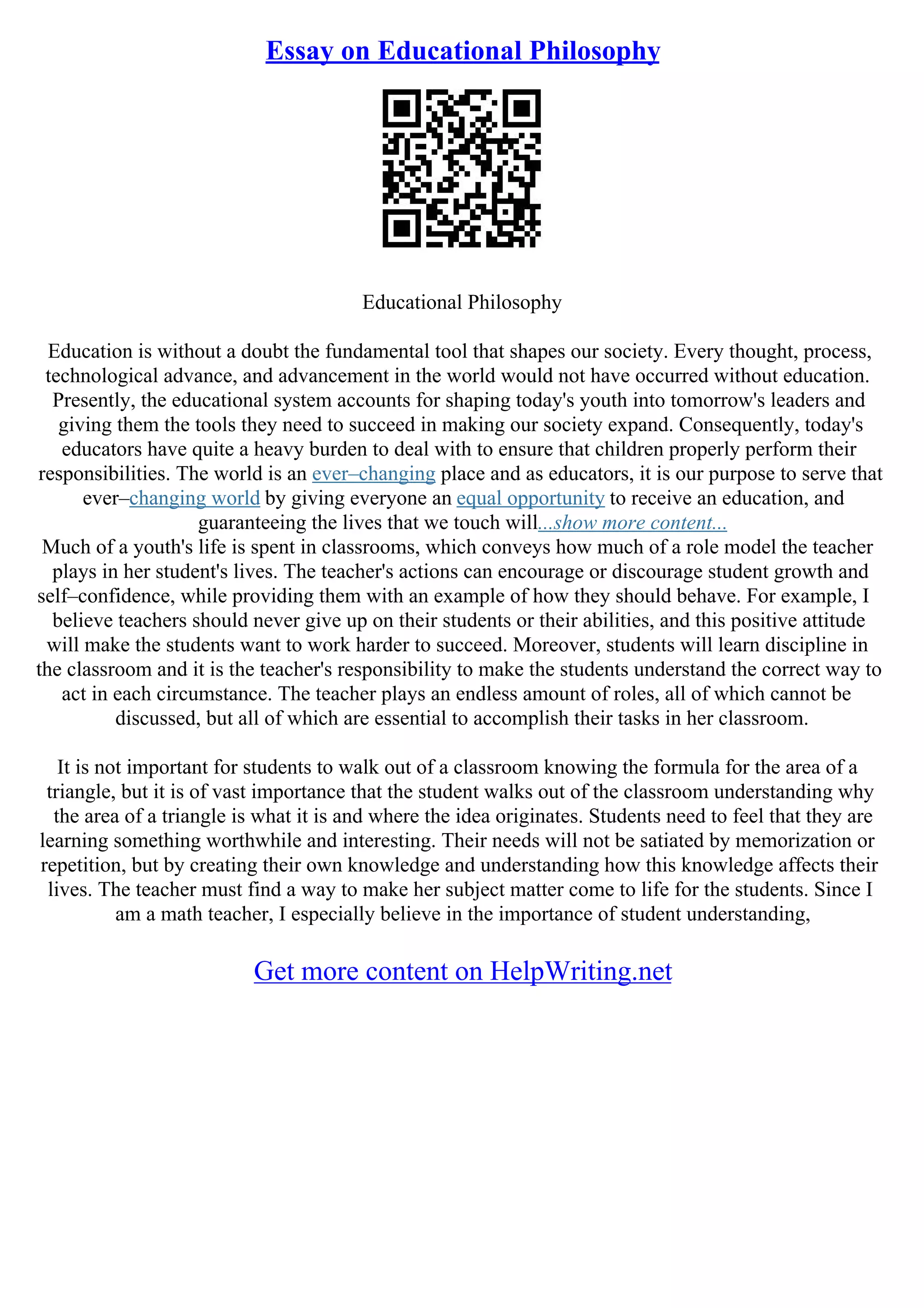 Philosophy On Education Essay | PDF