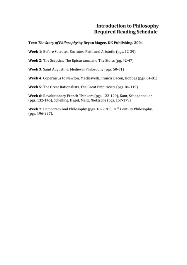 Philosophy reading schedule | DOC | Christianity | Religion & Spirituality