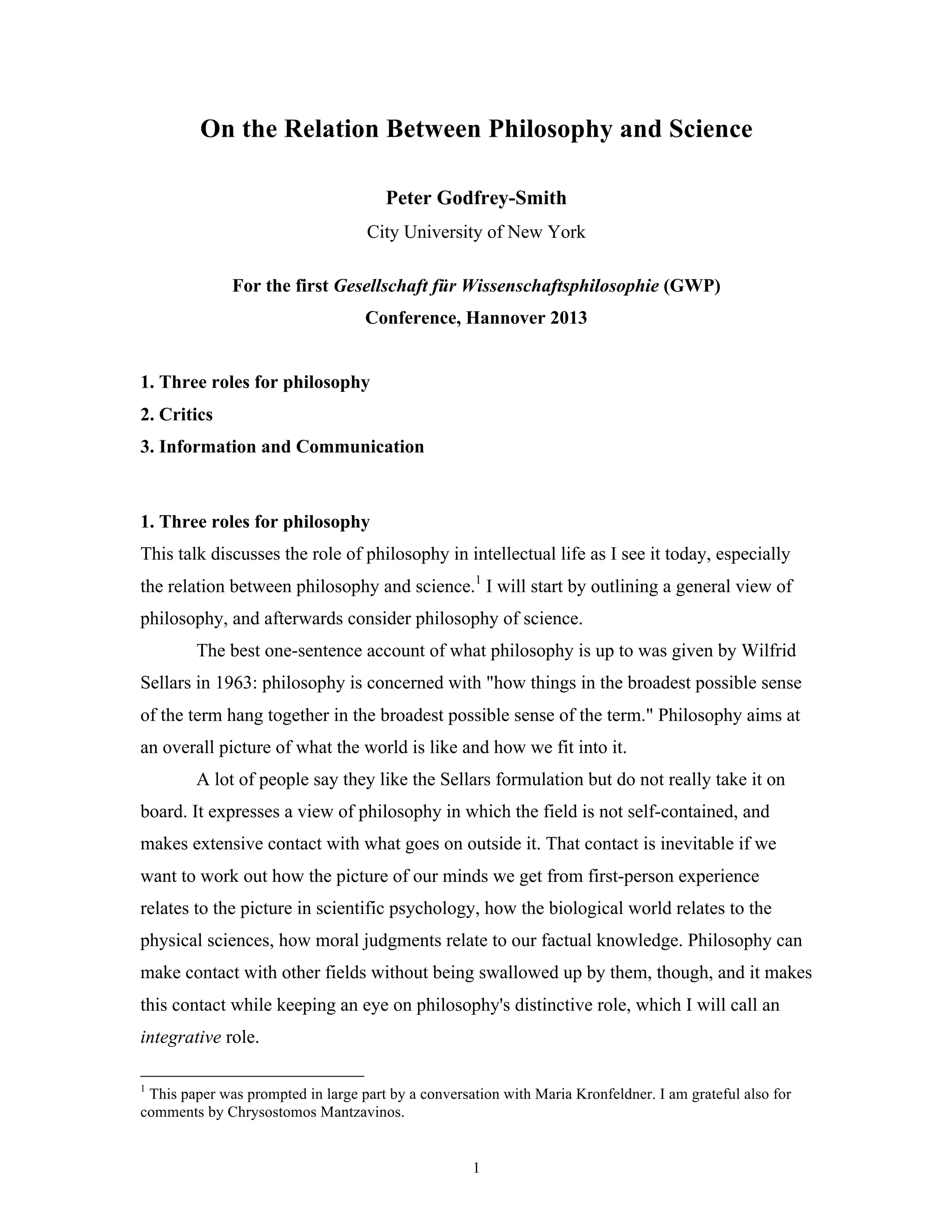 On the Relation Between Philosophy and Science | PDF