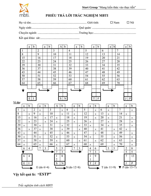 Phiếu trả lời trắc nghiệm tính cách MBTI | PDF
