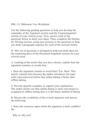 PHL 111 Milestone Two WorksheetUse the following guiding q.docx