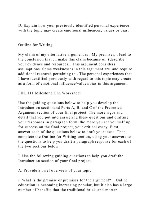 PHL 111 Milestone Two WorksheetUse the following guiding quest.docx