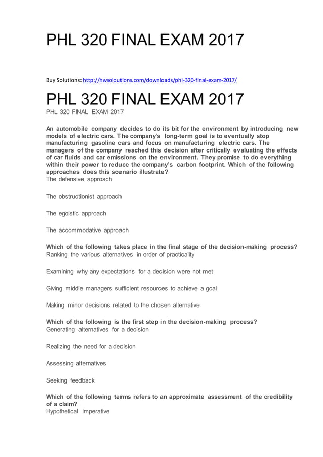 Phl 320 final exam 2017 | DOCX | Automotive Industry | Industries
