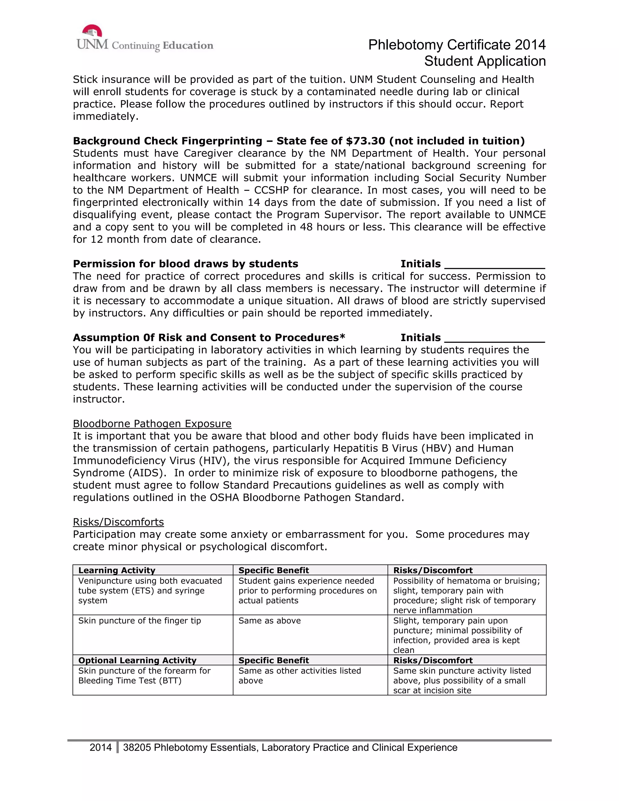 Phlebotomy Certificate Packet | UNM Continuing Education | PDF