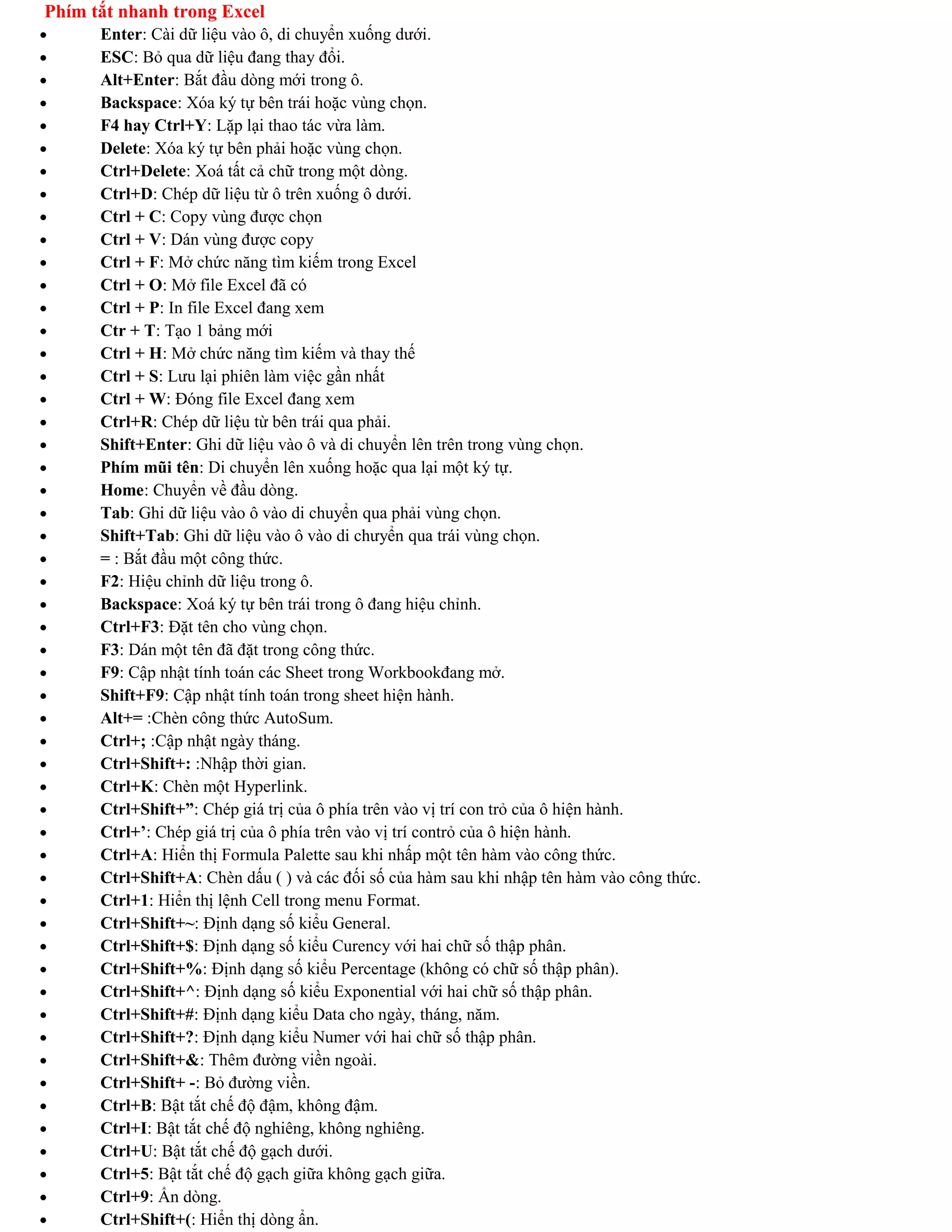 Phím tắt trong excel | PDF