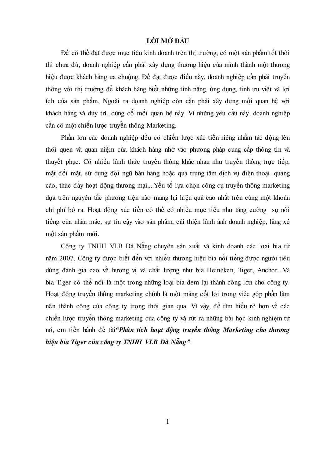 Phân Tích Chiến Dịch Truyền Thông Marketing Thương Hiệu Bia Tiger | DOCX