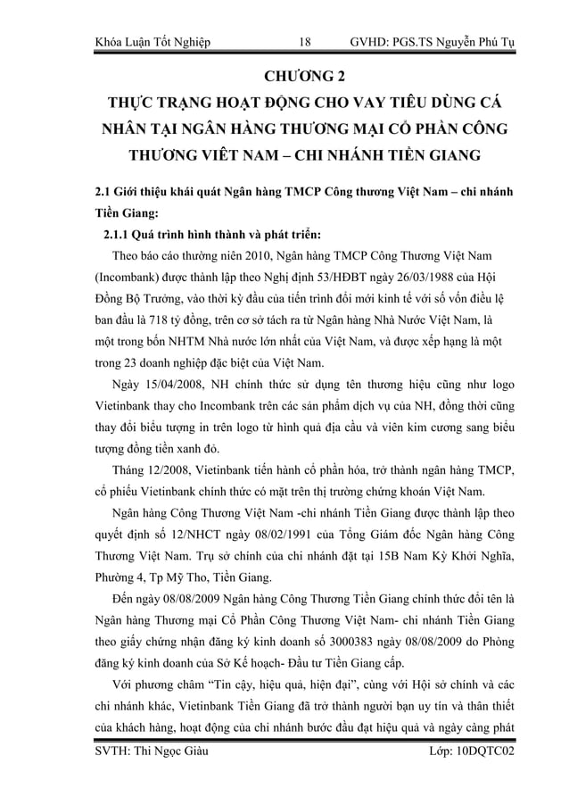 Phân tích hoạt động cho vay tiêu dùng tại ngân hàng tmcp công thương việt nam – chi nhánh tiền ...