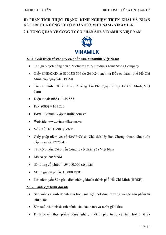 Phân tích hệ thống erp tại công ty cổ phần sữa vinamilk | DOC