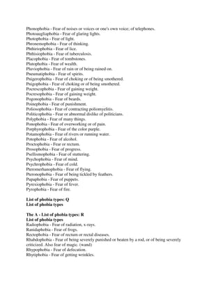 Phobia types | PDF | Brain and Nervous System Disorders | Diseases and ...