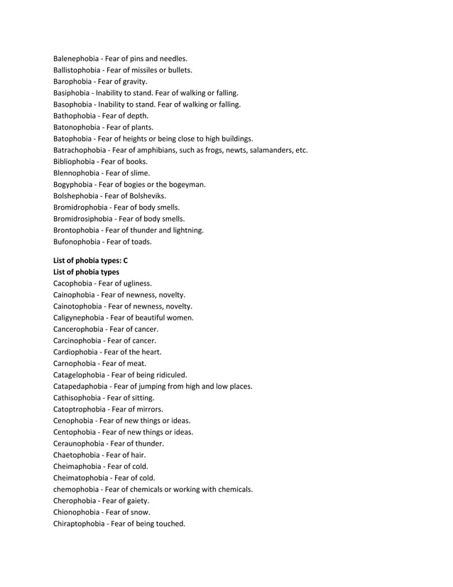 Phobia types | PDF | Brain and Nervous System Disorders | Diseases and ...