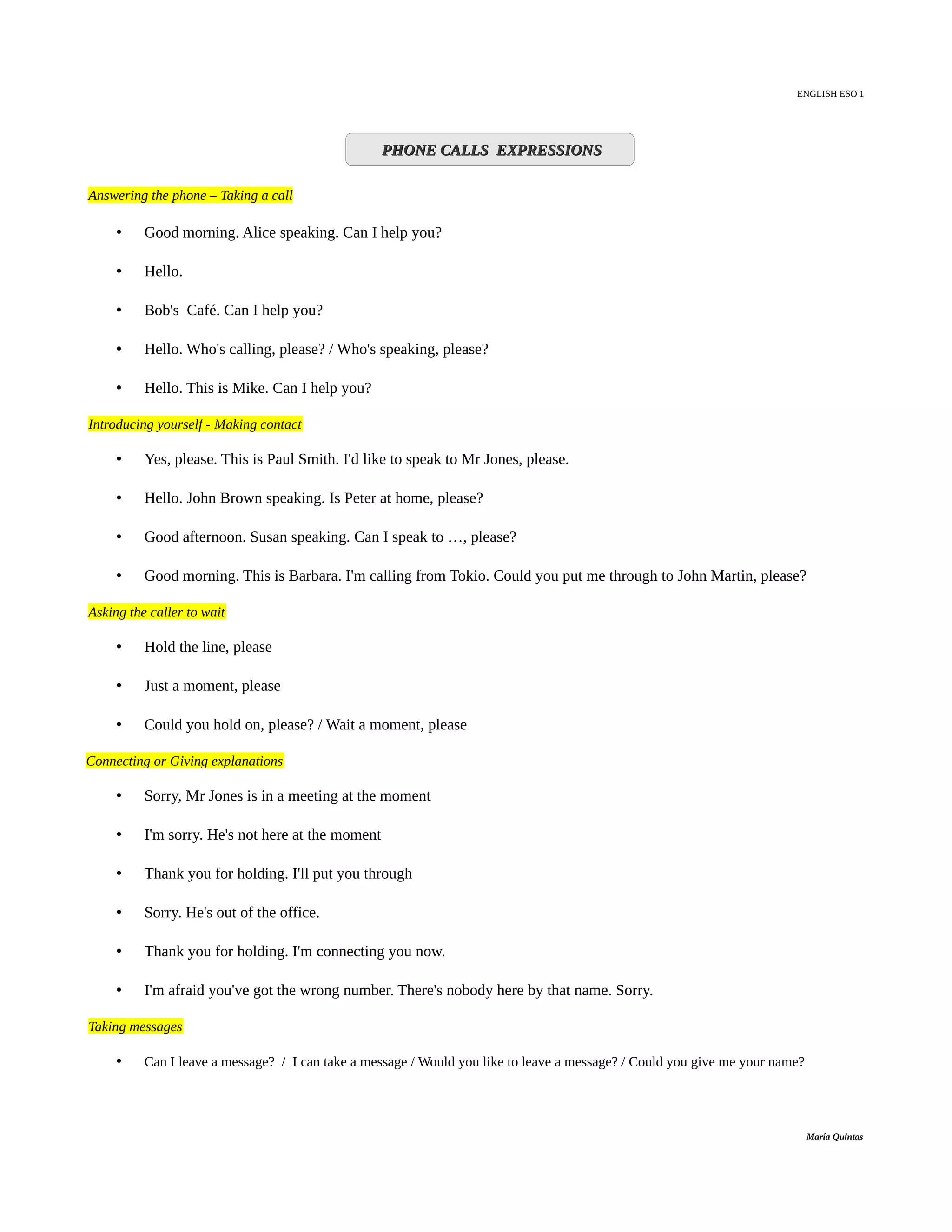 Phone calls expressions | PDF