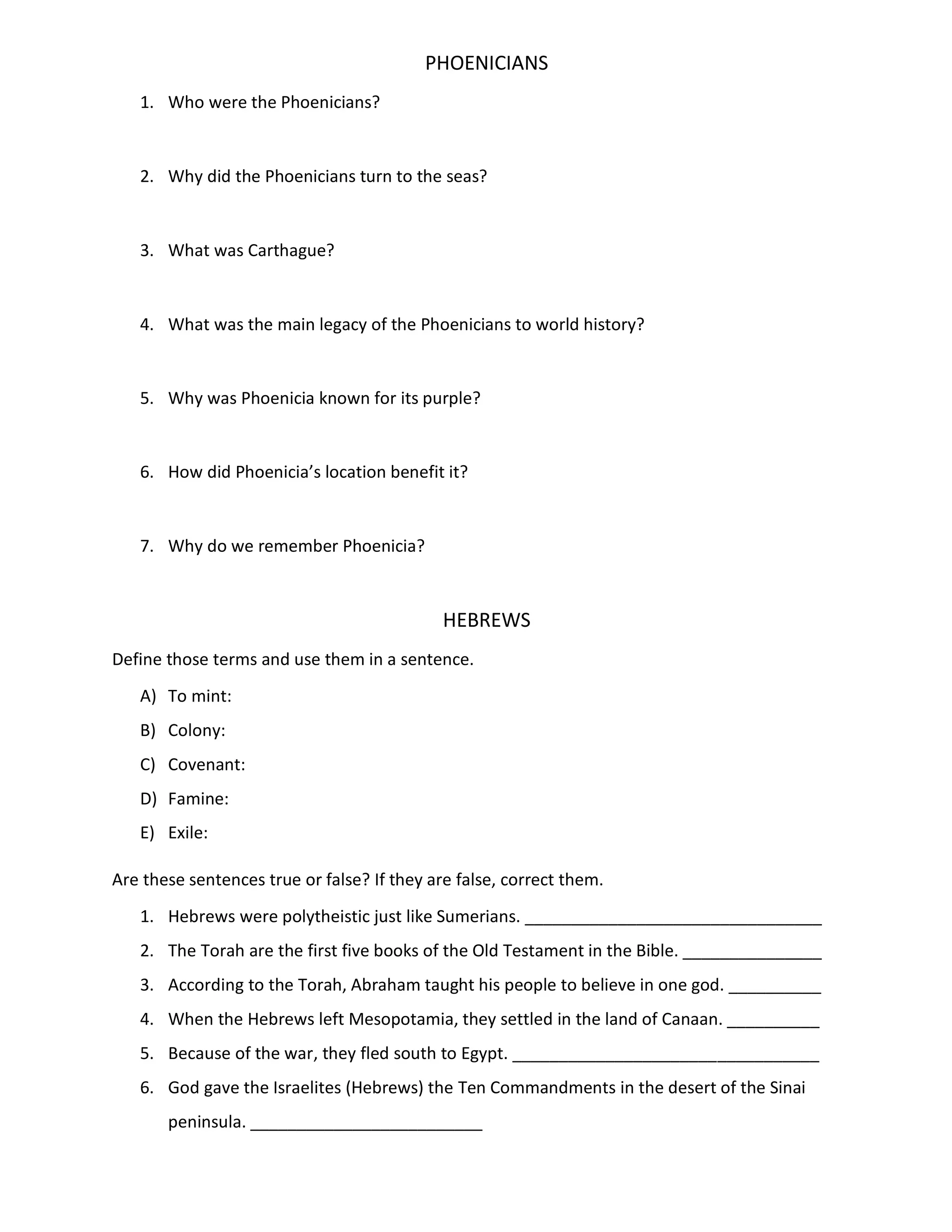 Phonecians and hebrews worksheet | PDF