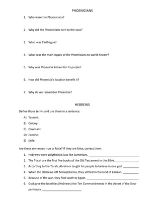 Phonecians and hebrews worksheet | PDF