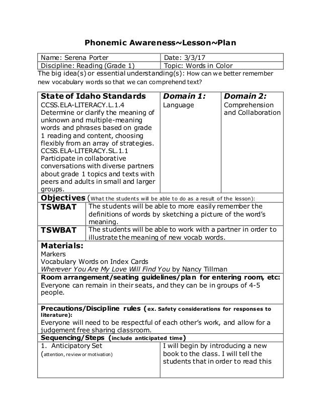 Phonemic Awareness Lesson Phonemic Awareness Lesson