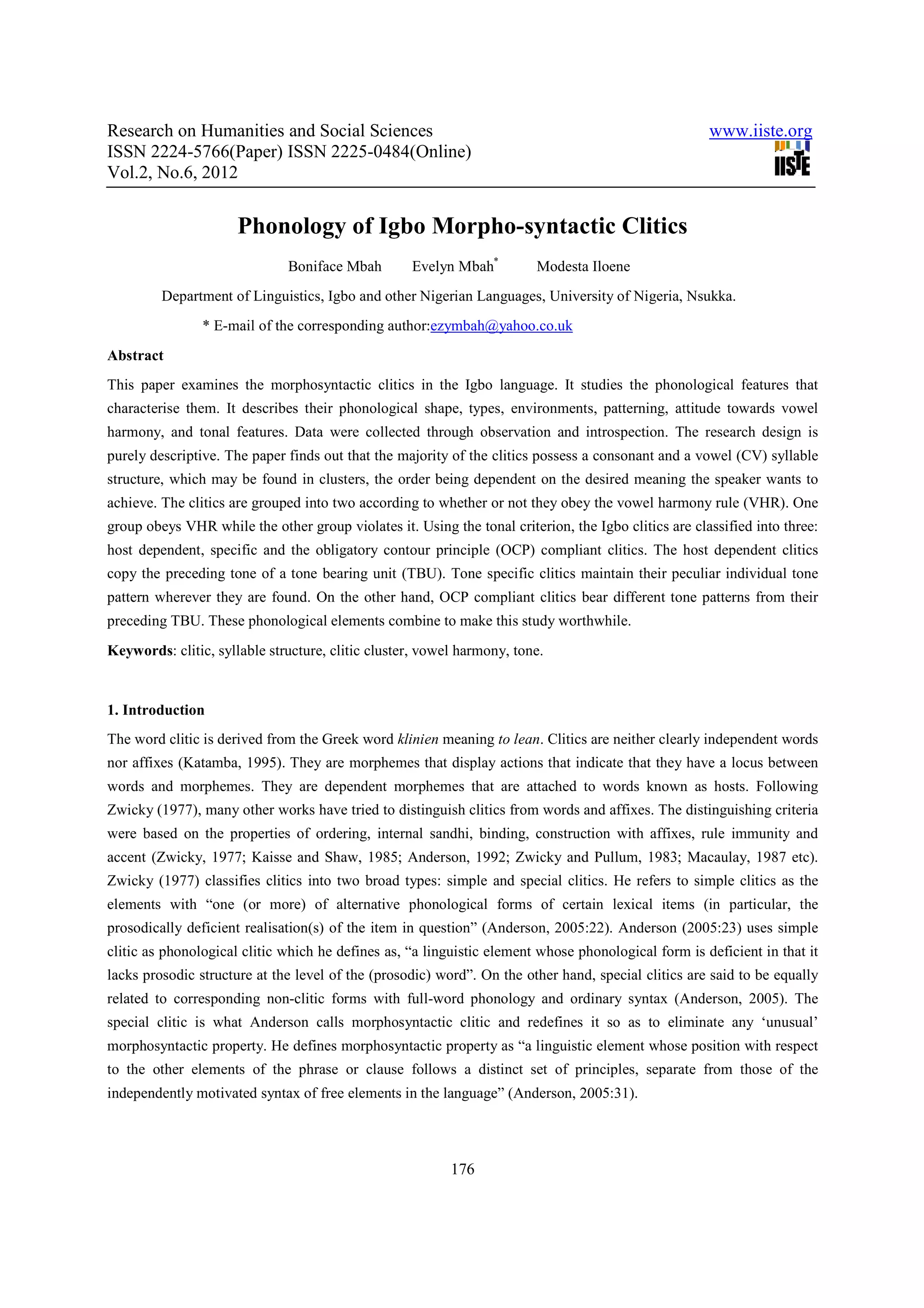 Phonology of igbo morpho syntactic clitics | PDF