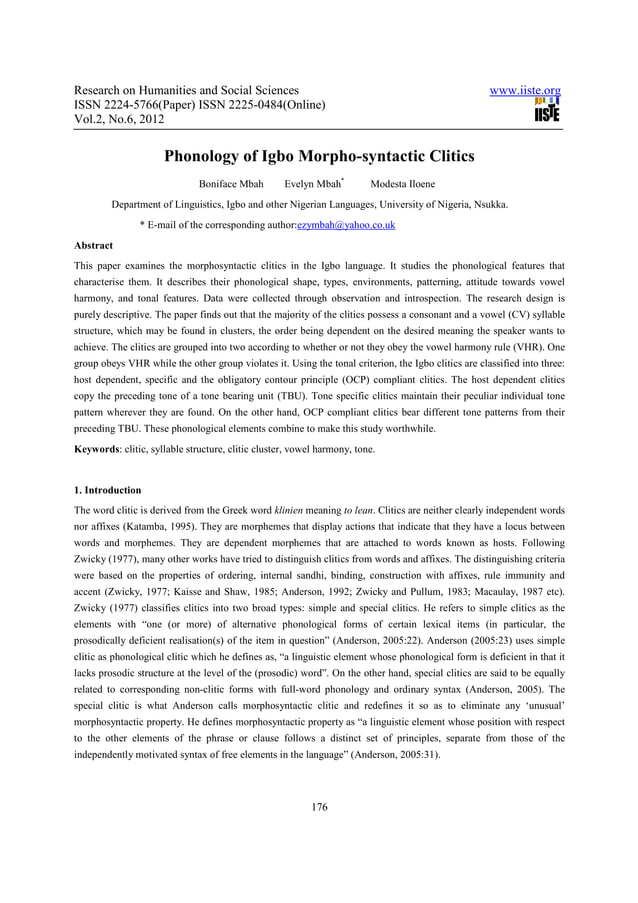 Phonology Of Igbo Morpho Syntactic Clitics Pdf 
