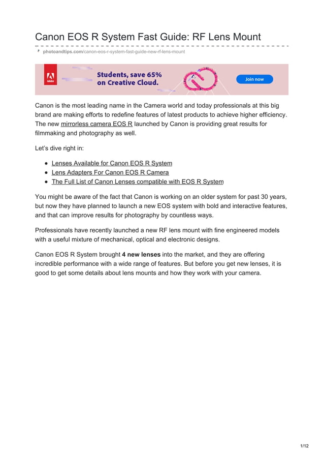 Canon EOS R System Fast Guide: New RF Lens Mount | PDF