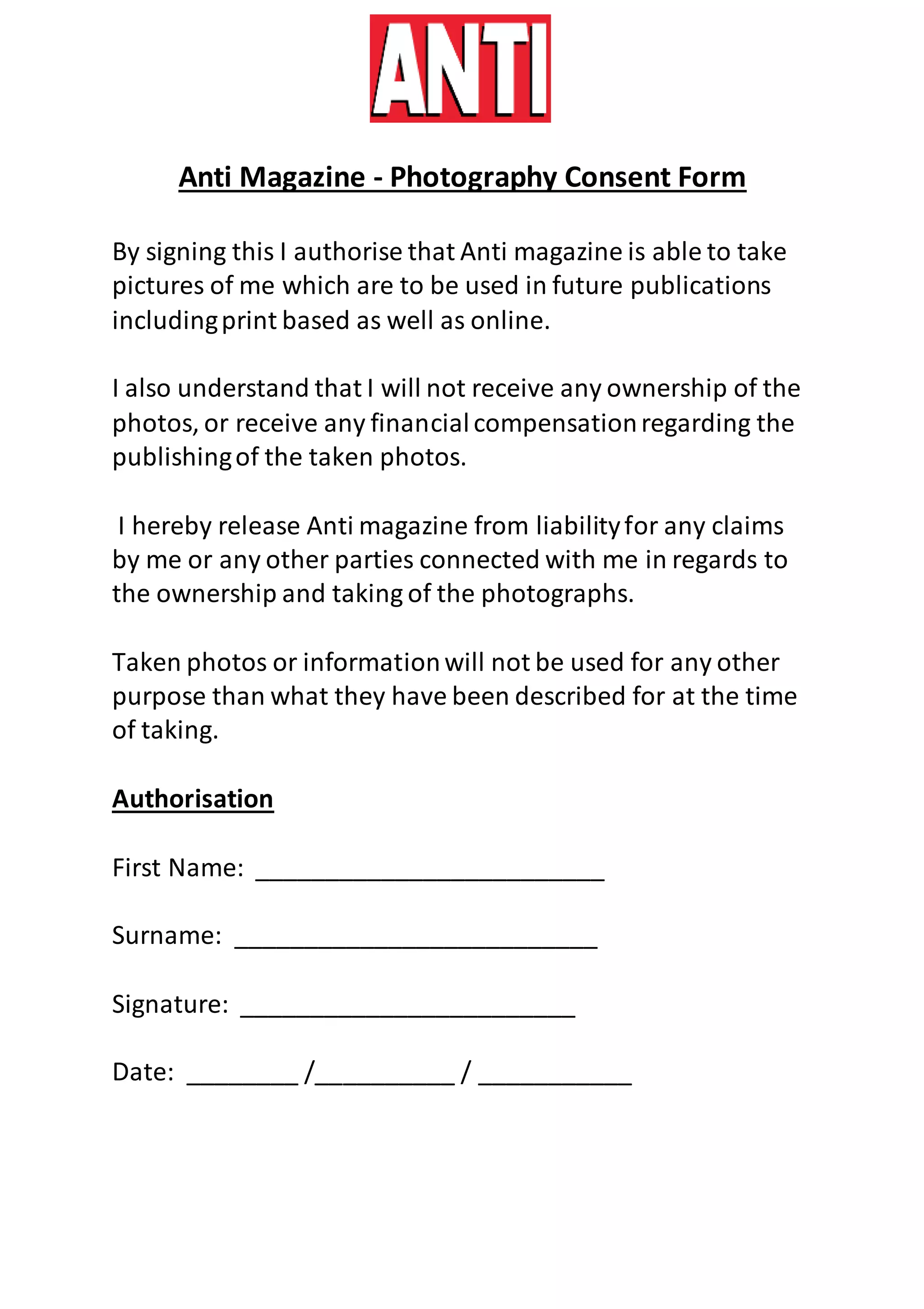 Photography consent form | DOCX
