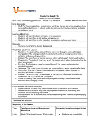 Photography Lesson Plan -Unbound Stockton | PDF