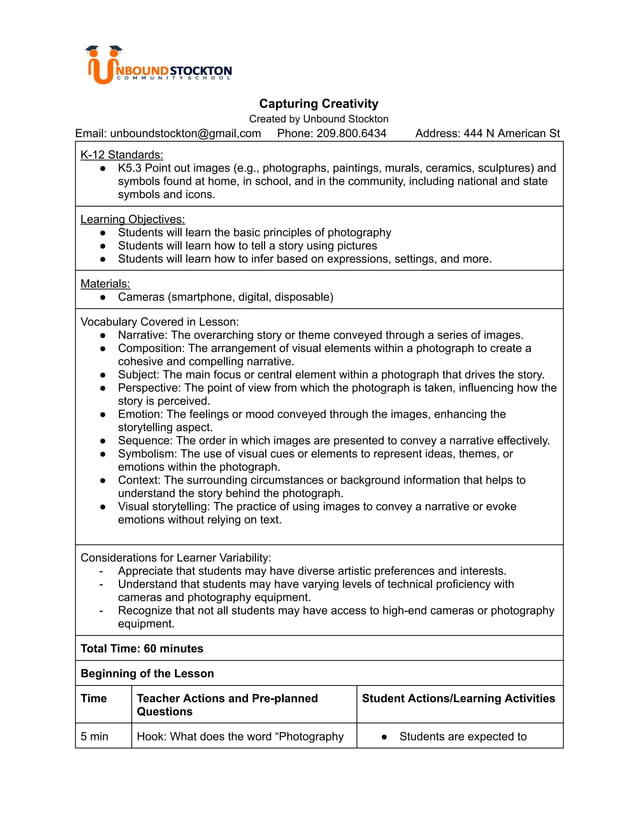 Photography Lesson Plan -Unbound Stockton | PDF