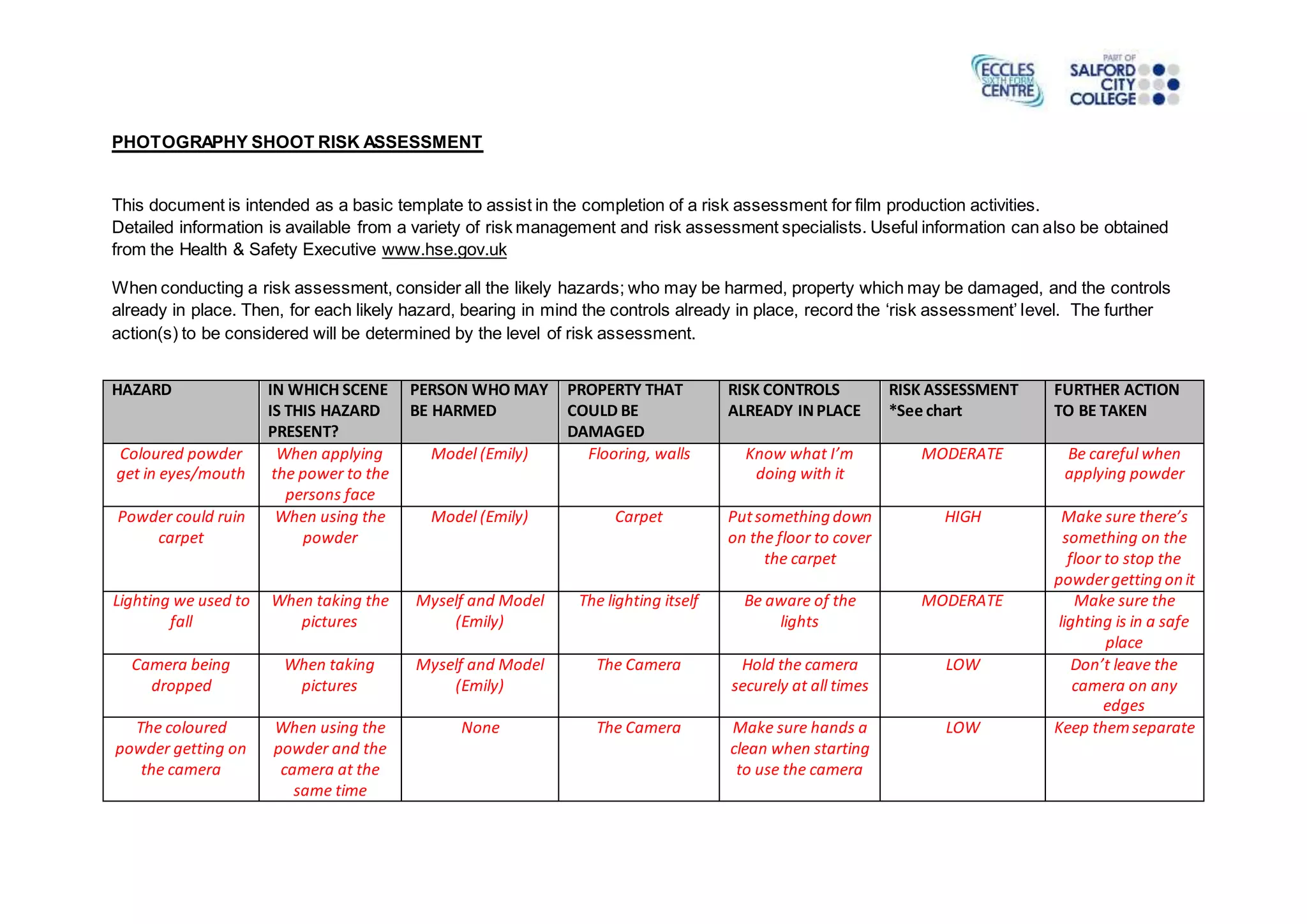 Photography portrait shoot risk assessment form | PPT