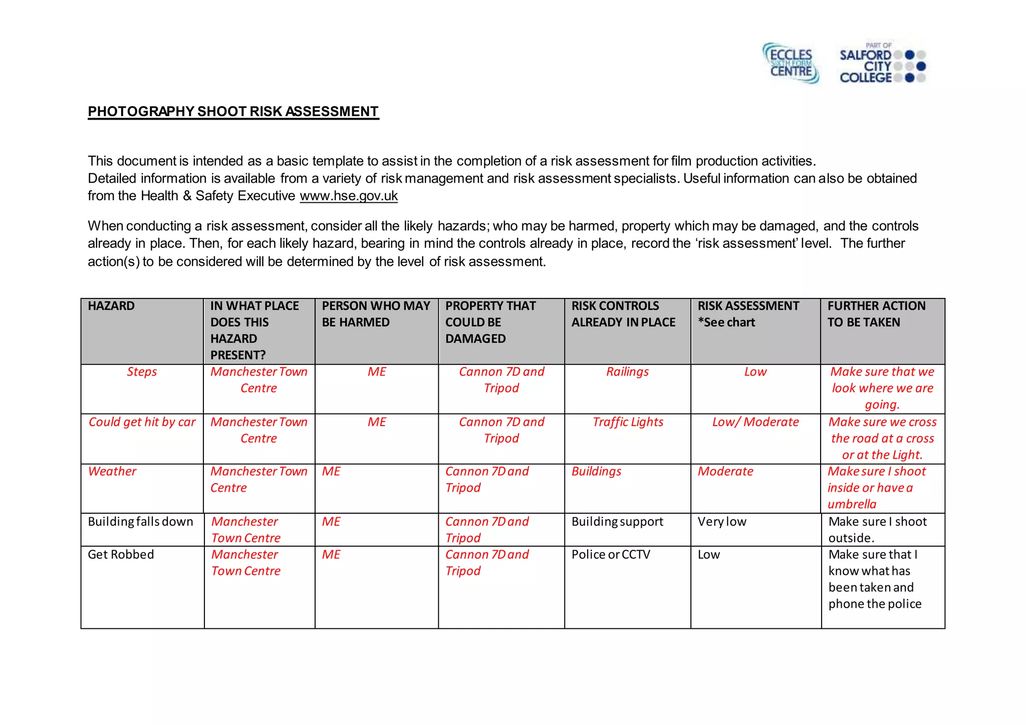 Photography portrait shoot risk assessment form (1) | PPT