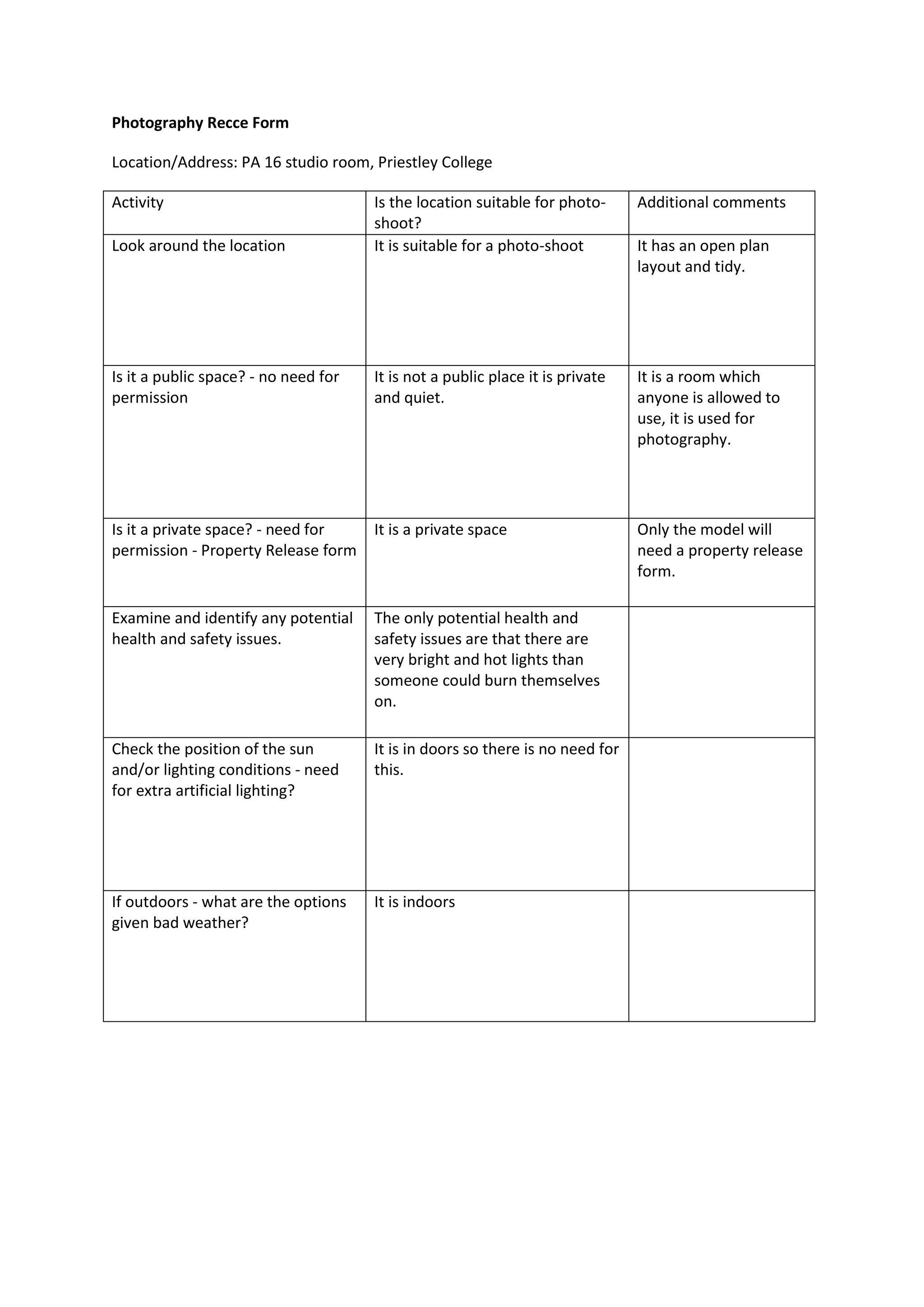 Photography recce form | DOCX