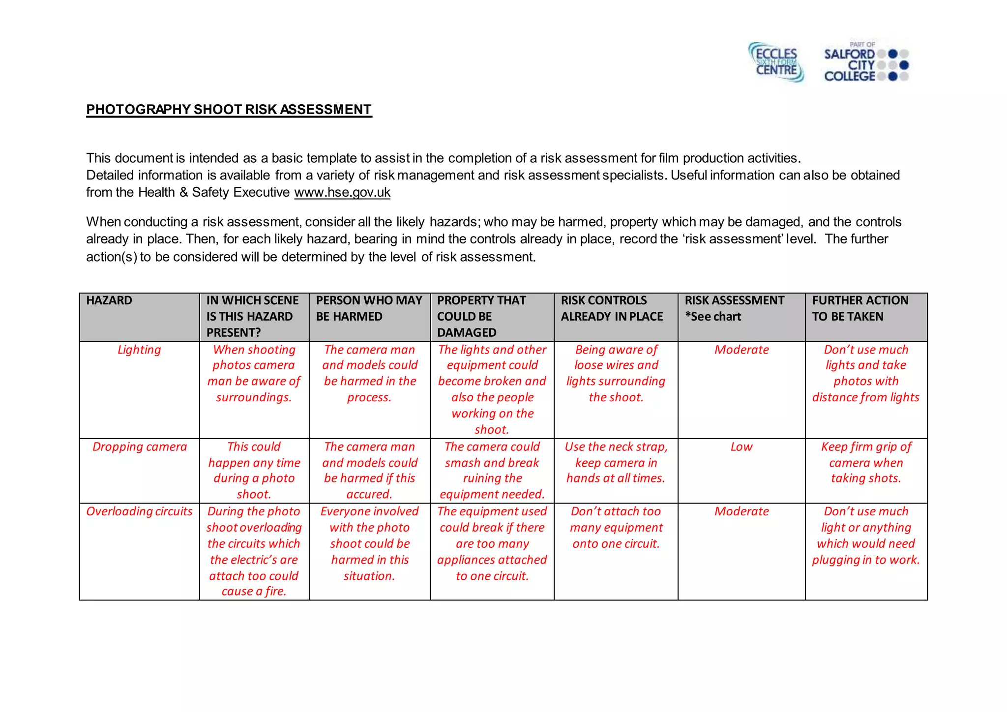 Photography risk assessment portrait | DOCX