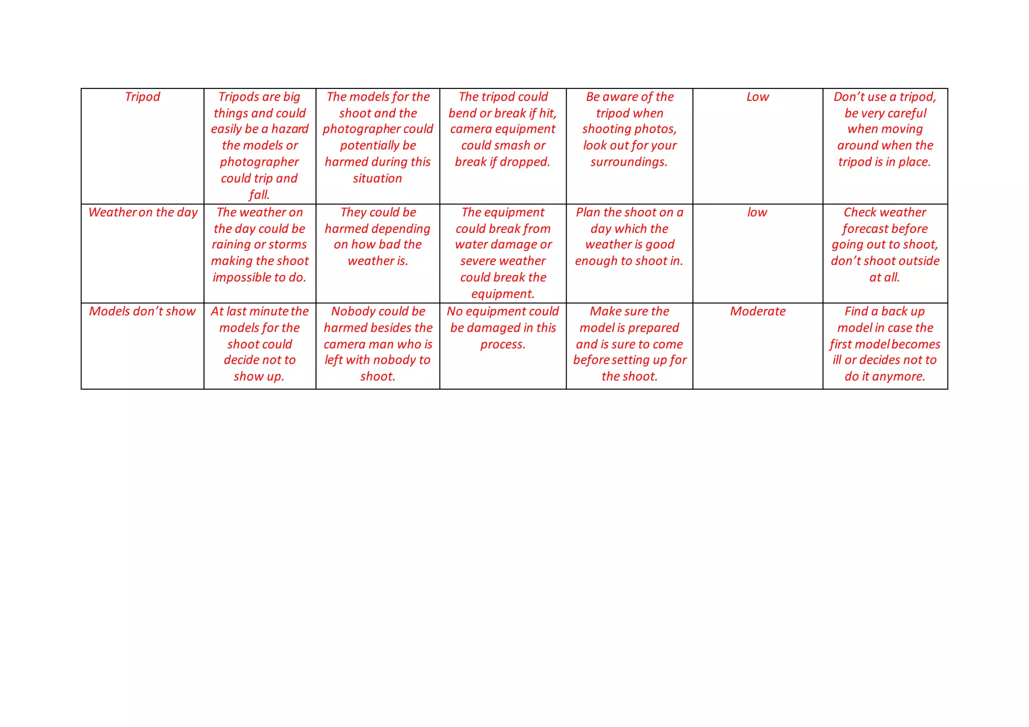 Photography risk assessment portrait | DOCX