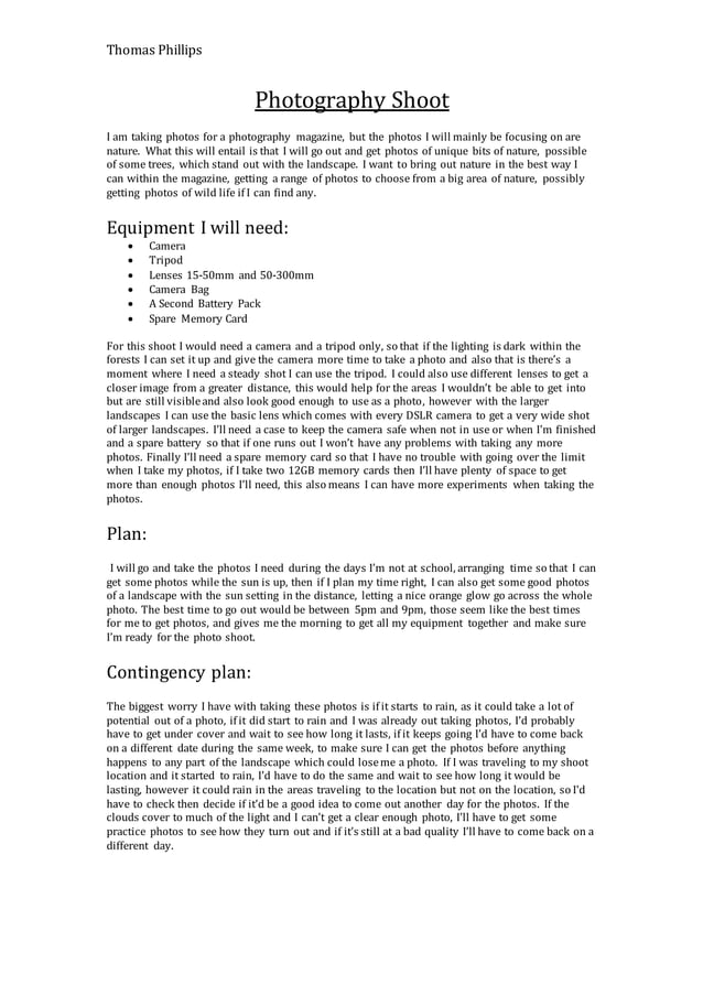 Photography Shoot Plan | DOCX