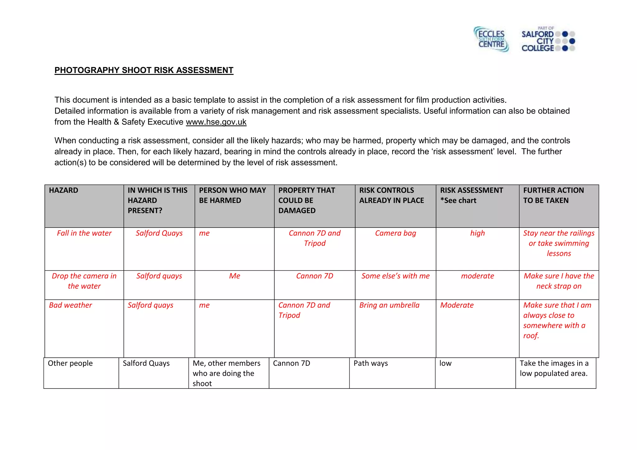 Photography shoot risk assessment form | PPT