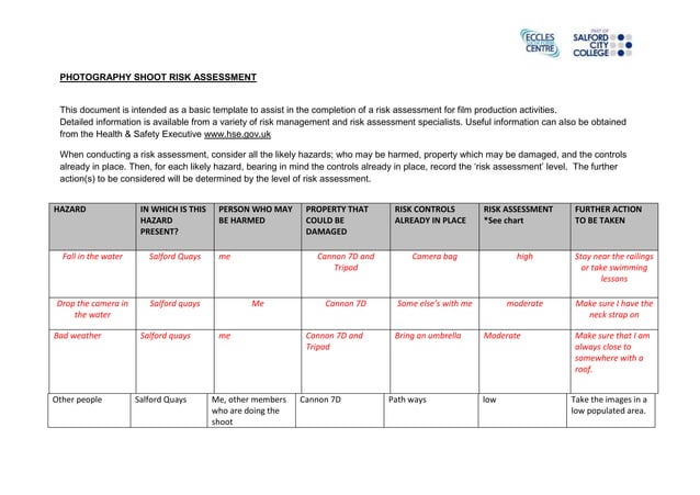 Photography shoot risk assessment form | PPT | Free Download
