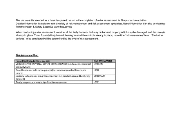 Photography shoot risk assessment form | DOCX