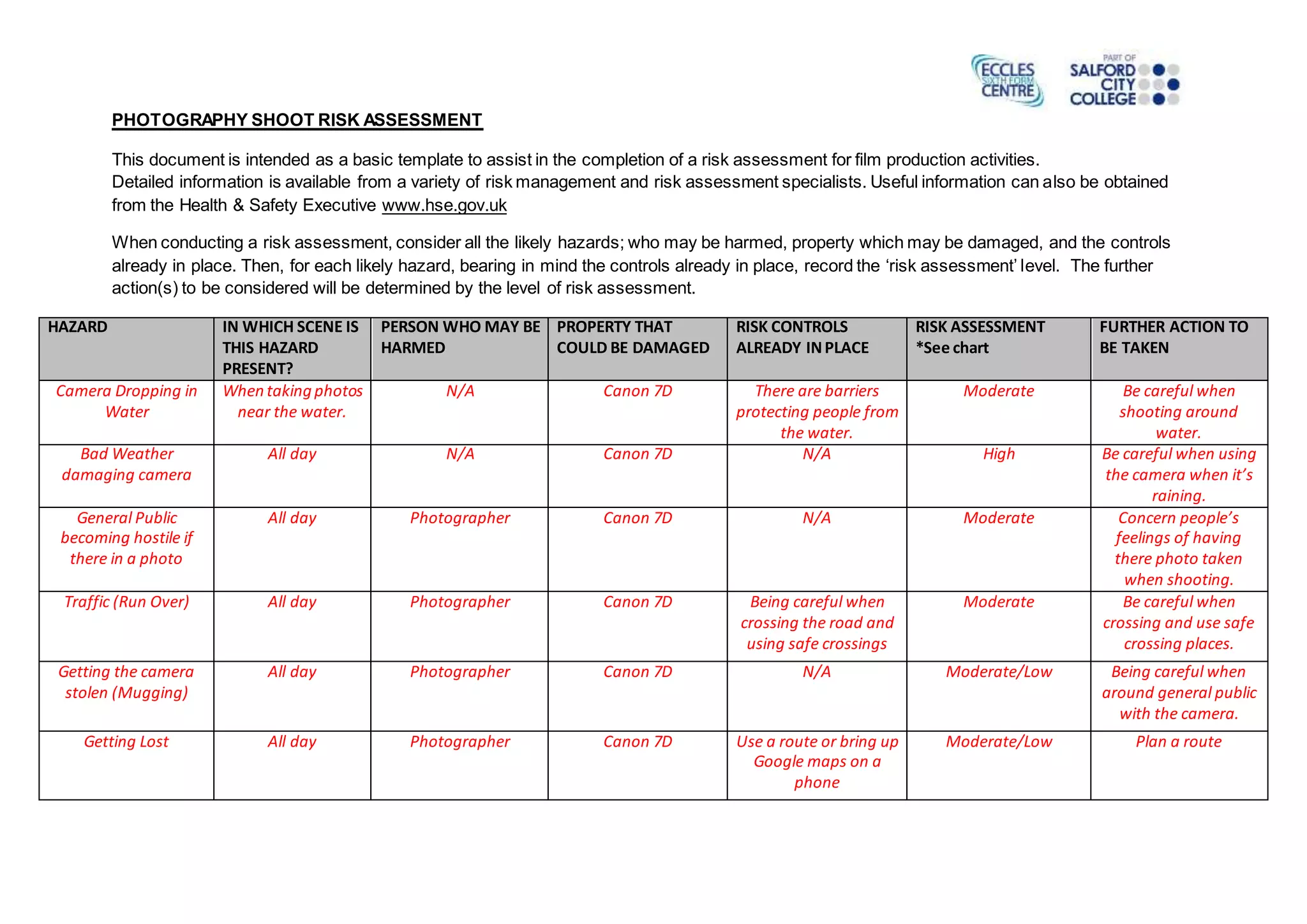 Photography shoot risk assessment form | DOCX