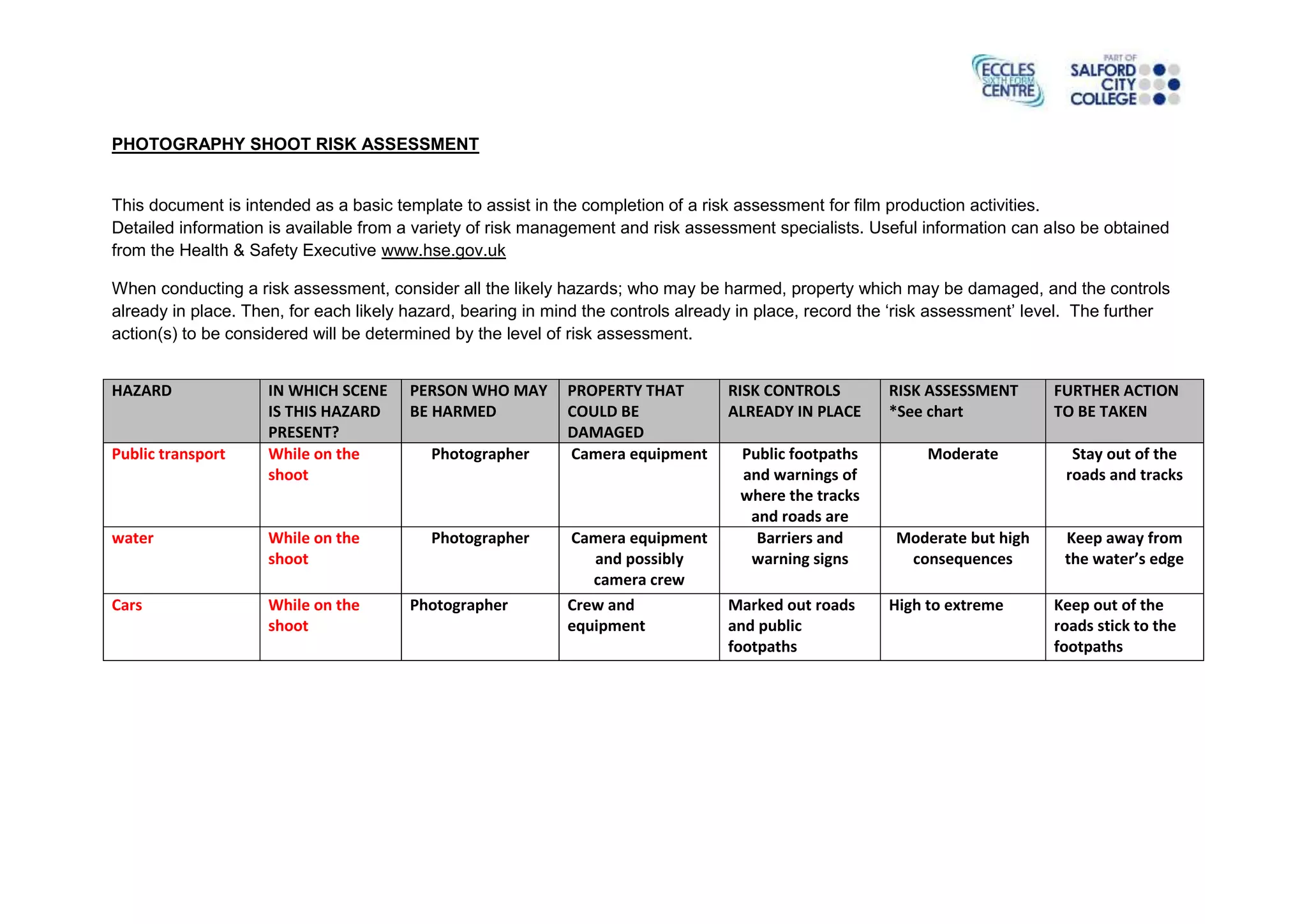 Photography shoot risk assessment form | DOCX