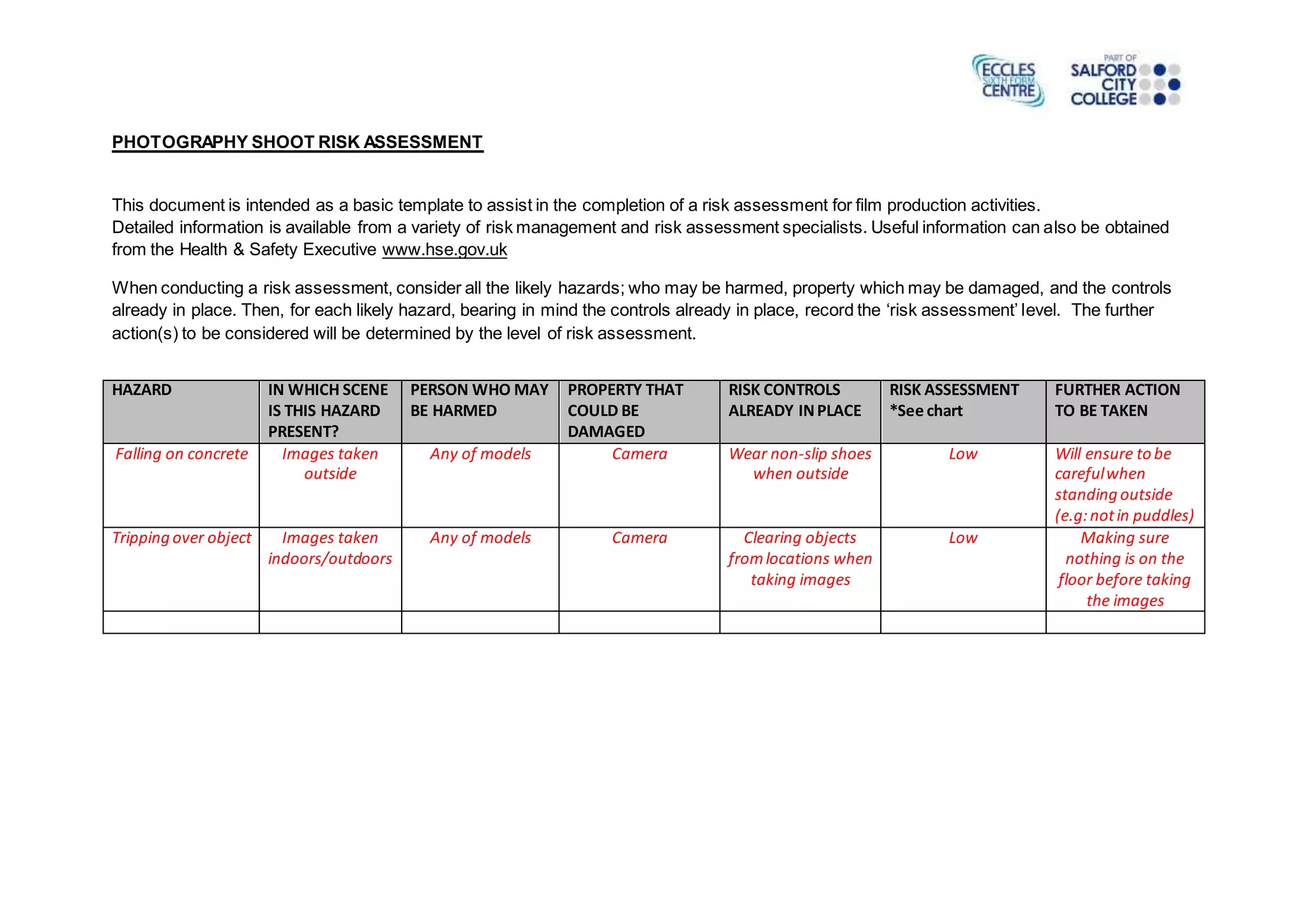 Photography shoot risk assessment form | PPT