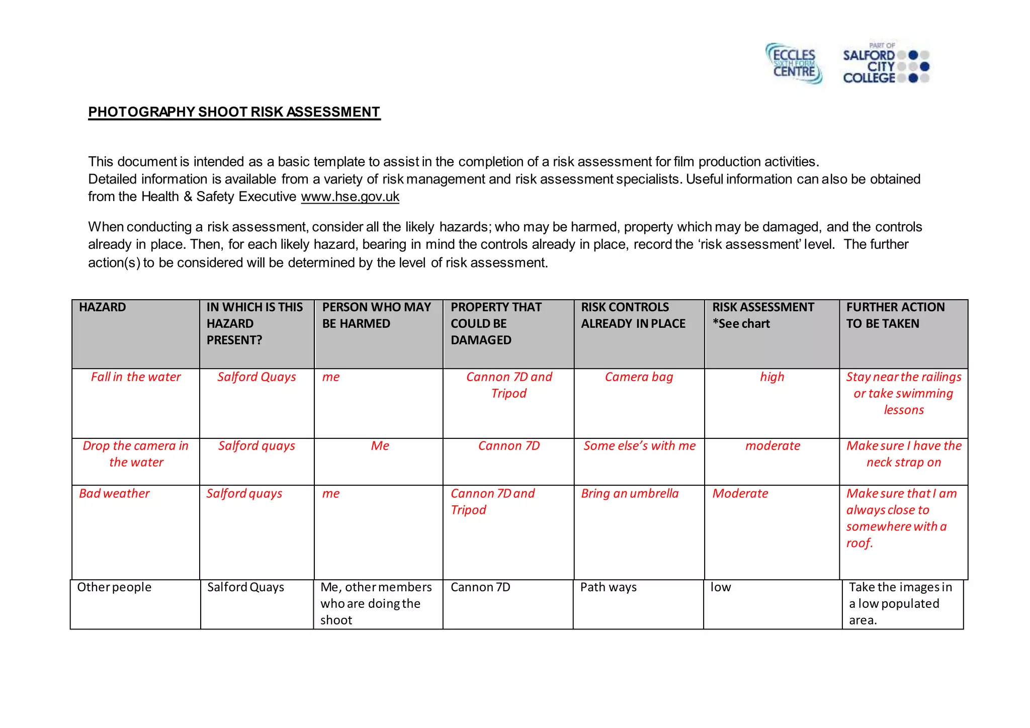 Photography shoot risk assessment form | DOCX