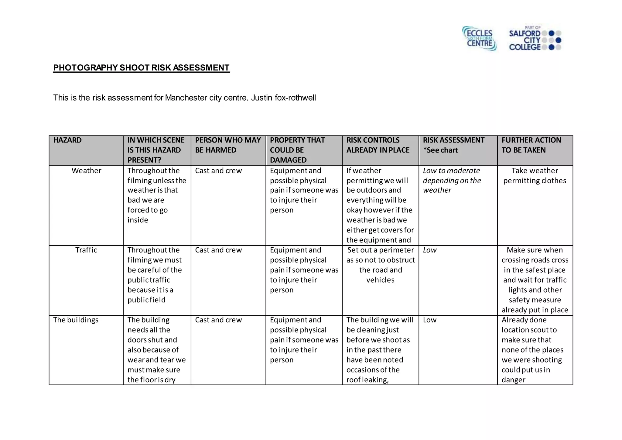 Photography shoot risk assessment form | DOCX