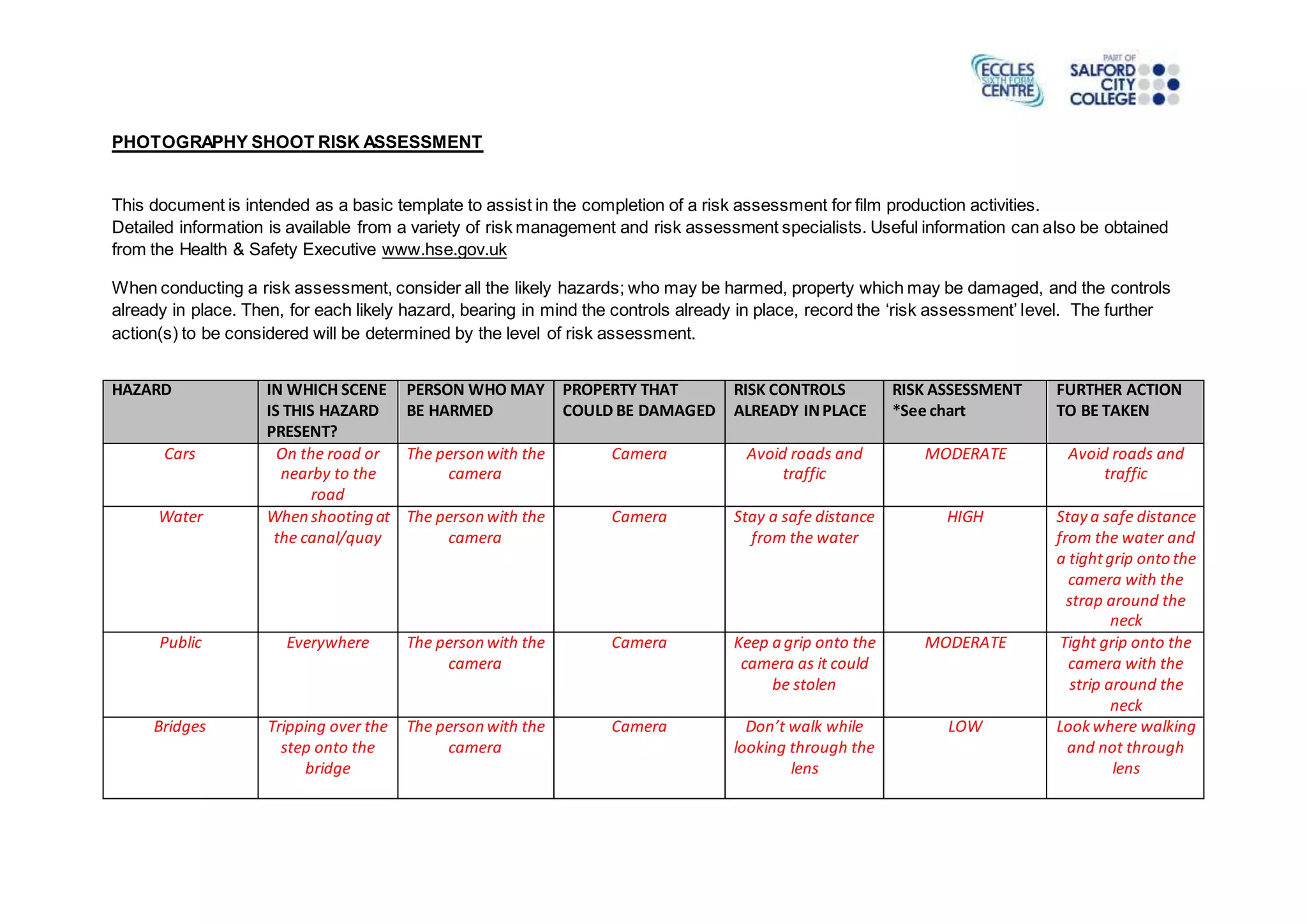 Photography Shoot Risk Assessment Form | PPT