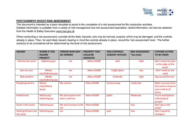 Photography shoot risk assessment form (2) | PPT