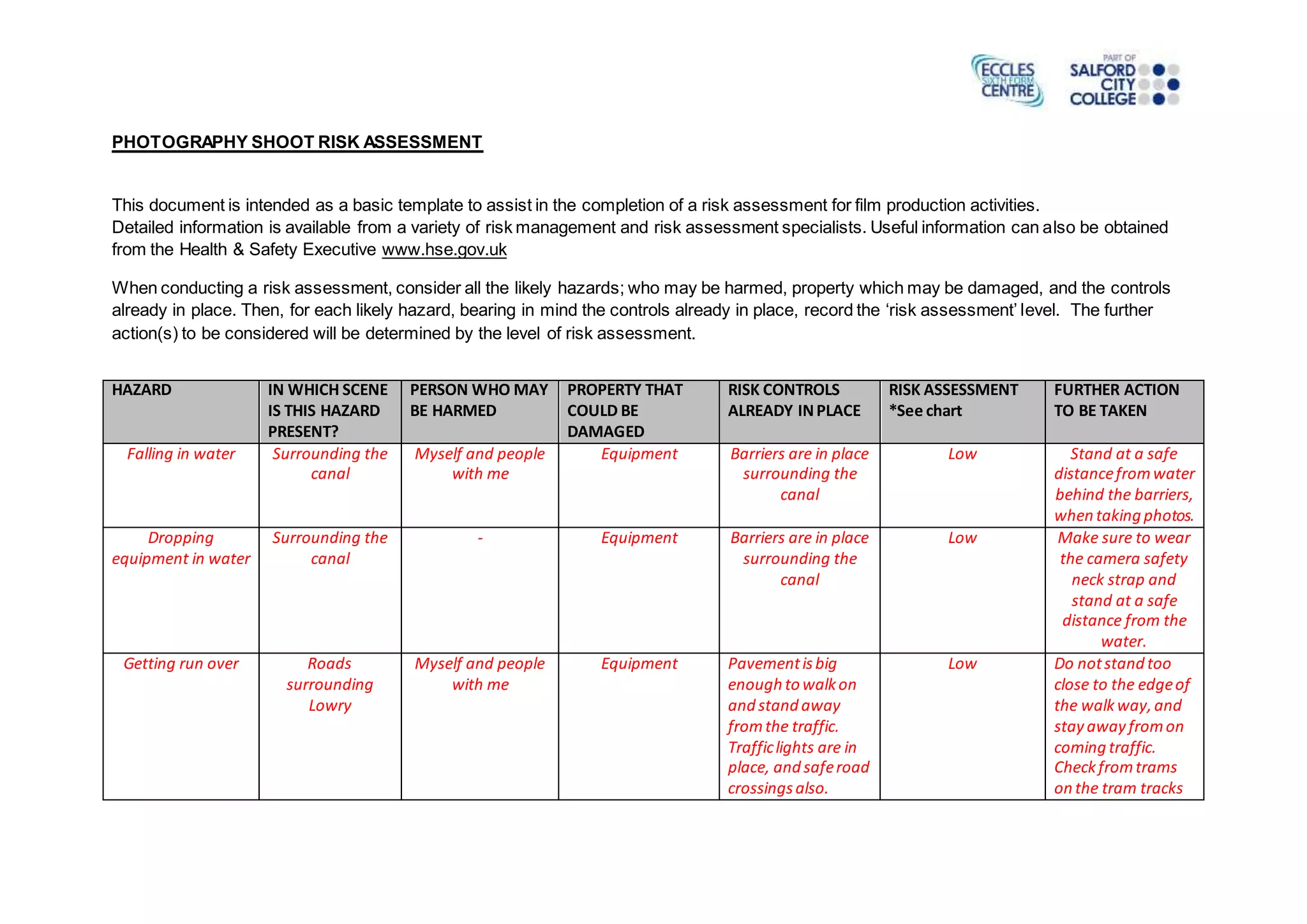 Photography shoot risk assessment form finished | DOCX