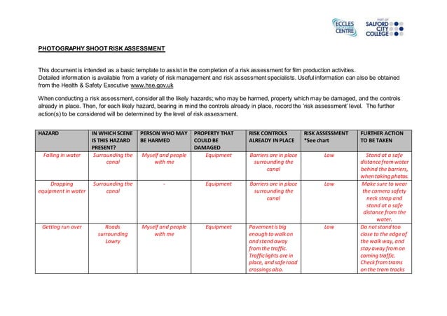 Photography shoot risk assessment form finished | PPT