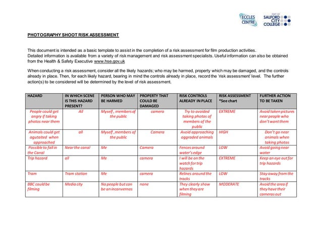 Photography shoot risk assessment form landscape | PPT | Free Download