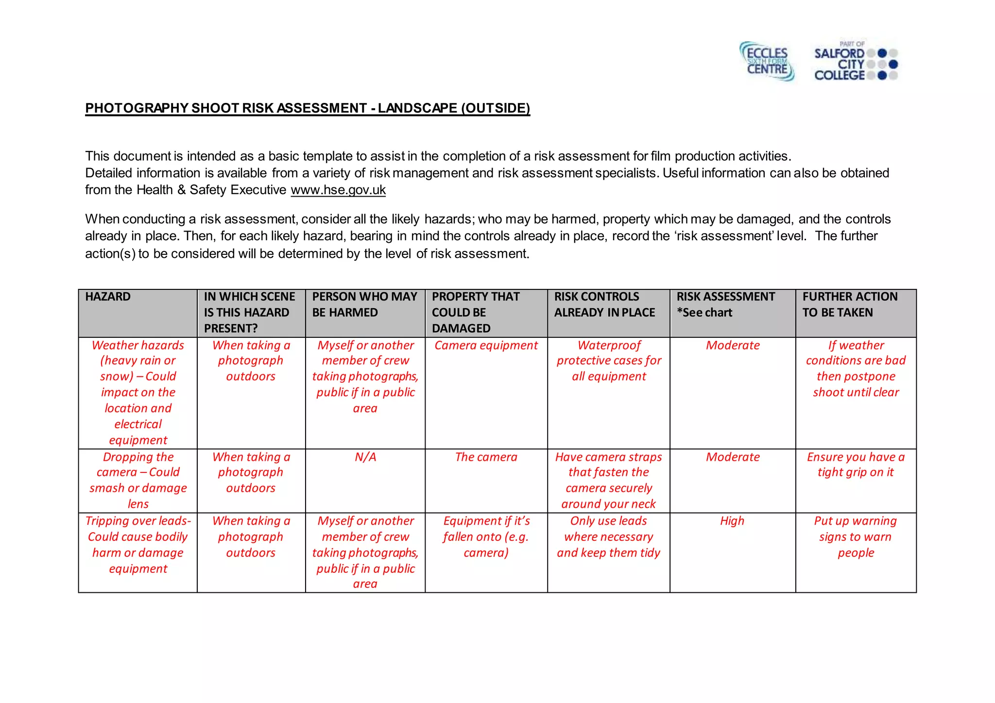 Photography shoot risk assessment form landscape outside | DOCX
