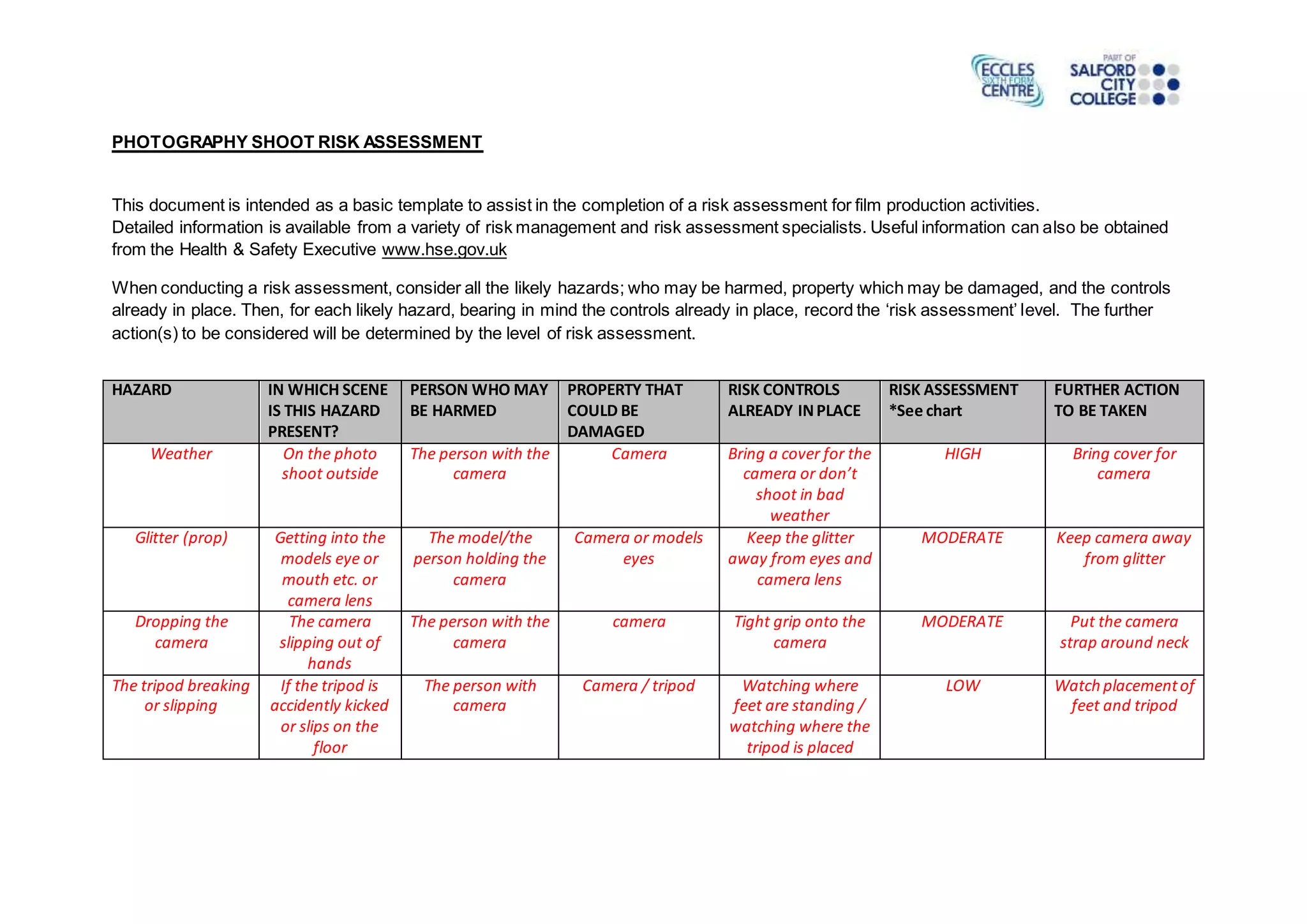 Photography Shoot Risk Assessment Portrait | PPT