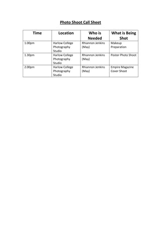 Photo Shoot Call Sheet | DOCX