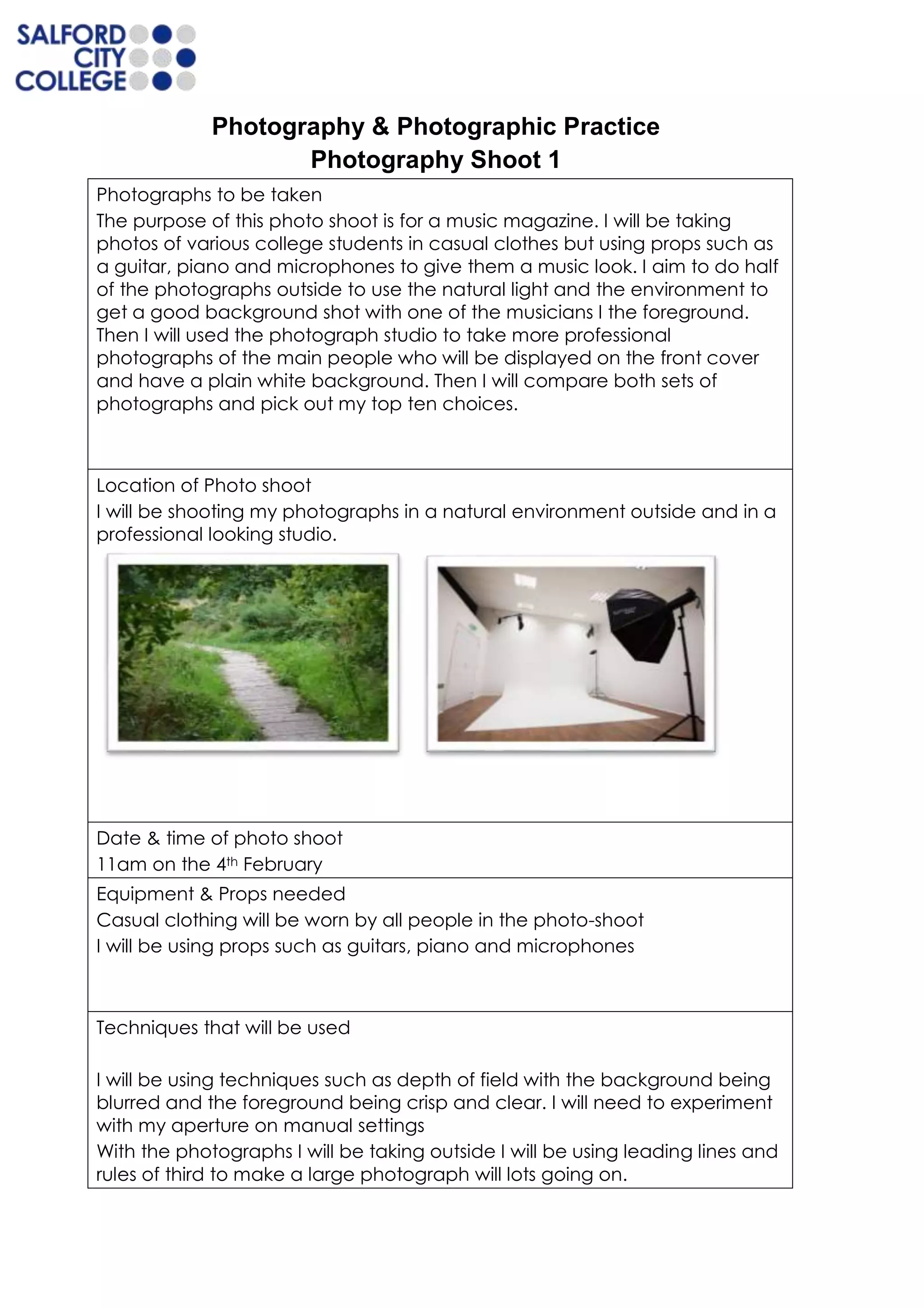 Photo shoot plan | DOCX | Photography | Arts and Crafts