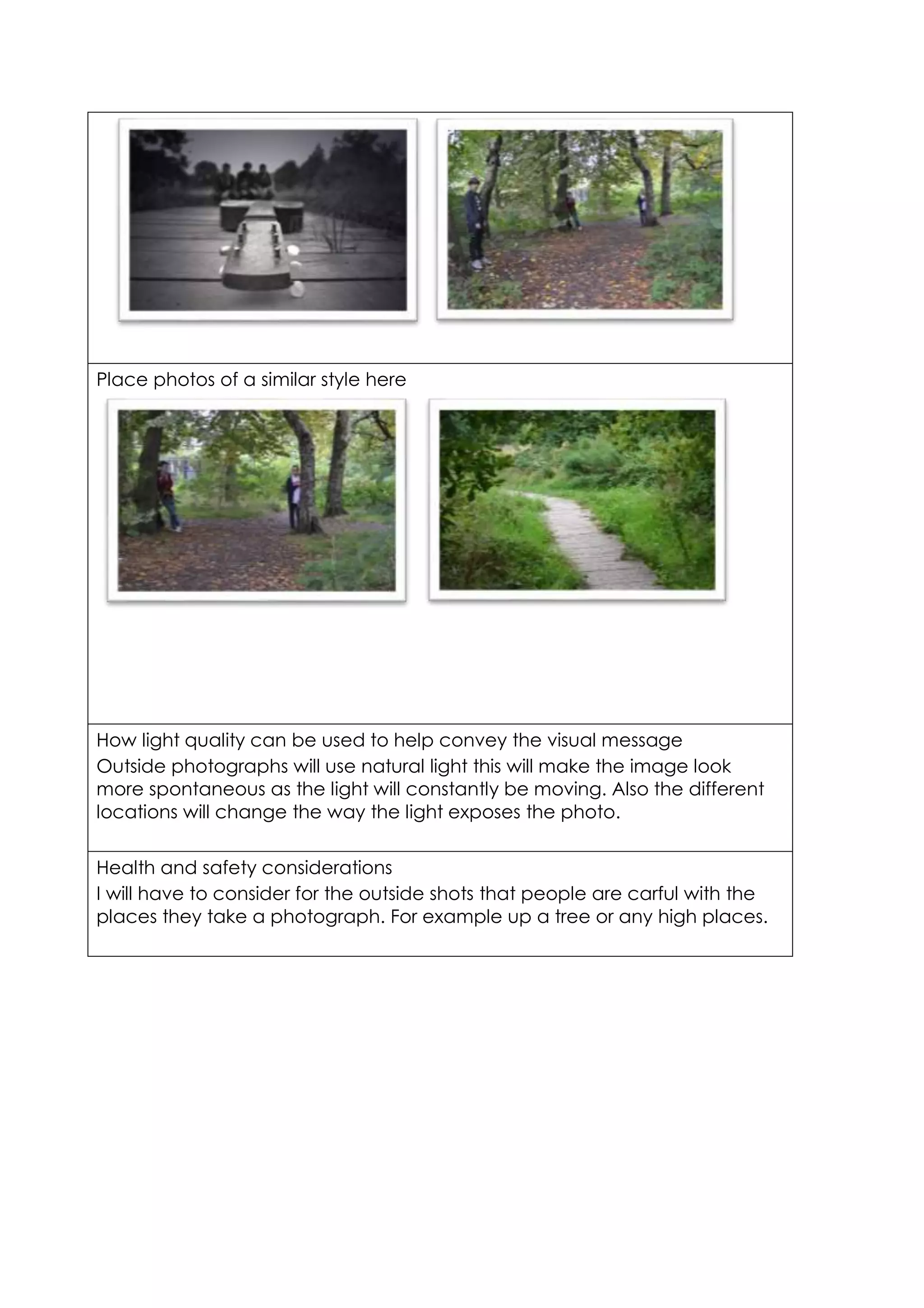 Photo shoot plan | DOCX | Photography | Arts and Crafts